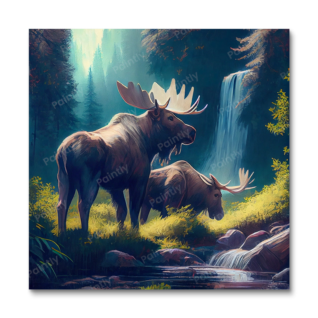Moose by the Waterfall II (Diamond Painting) – Diamond Painting Kits